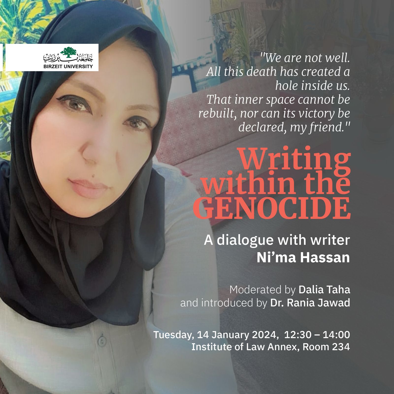 A dialogue with Ni'ma Hassan: Writing within the Genocide | Birzeit ...